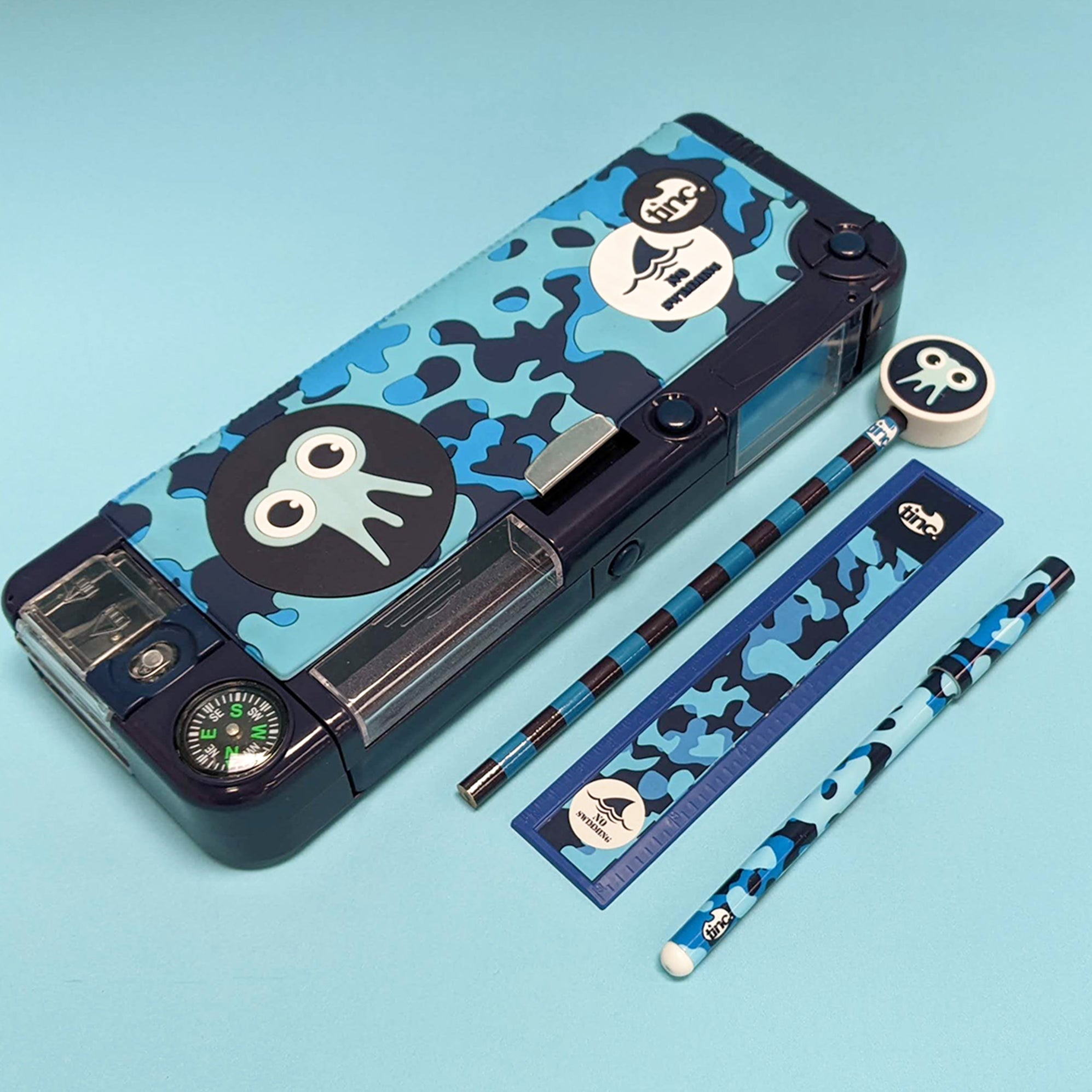 Stationery Filled Blue Compartment Pencil Case — Tinc